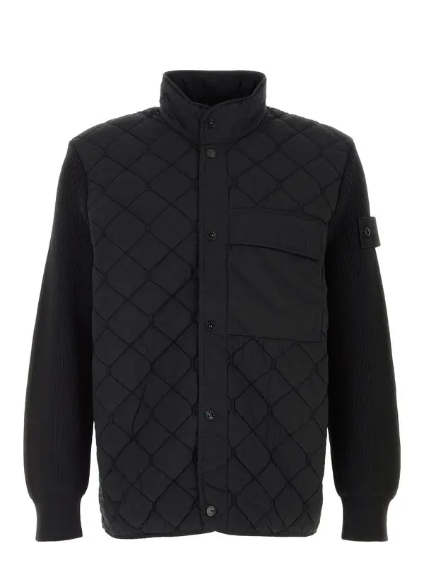 Stone Island Quilted Nylon Jacket With Knit Sleeves - Black