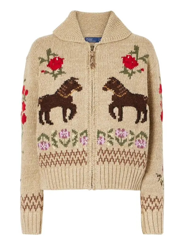 Polo Ralph Lauren Embroidered Horse And Floral Motif Cardigan - Tan