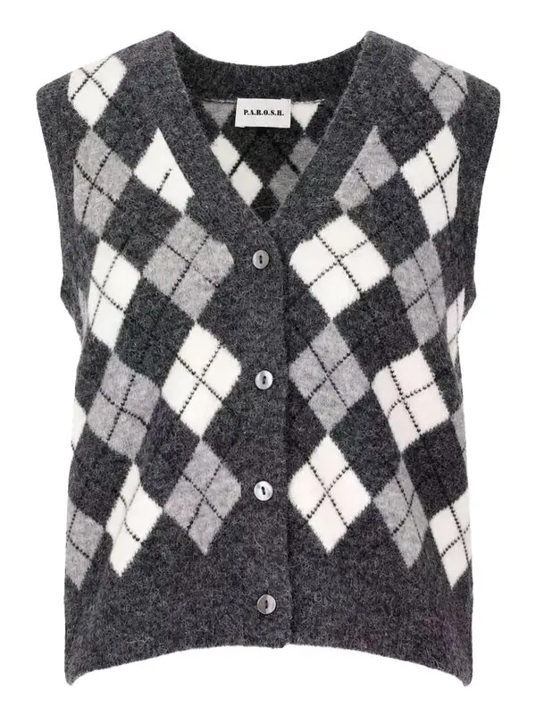 P.a.r.o.s.h Argyle Knit V-neck Sleeveless Cardigan - Grey