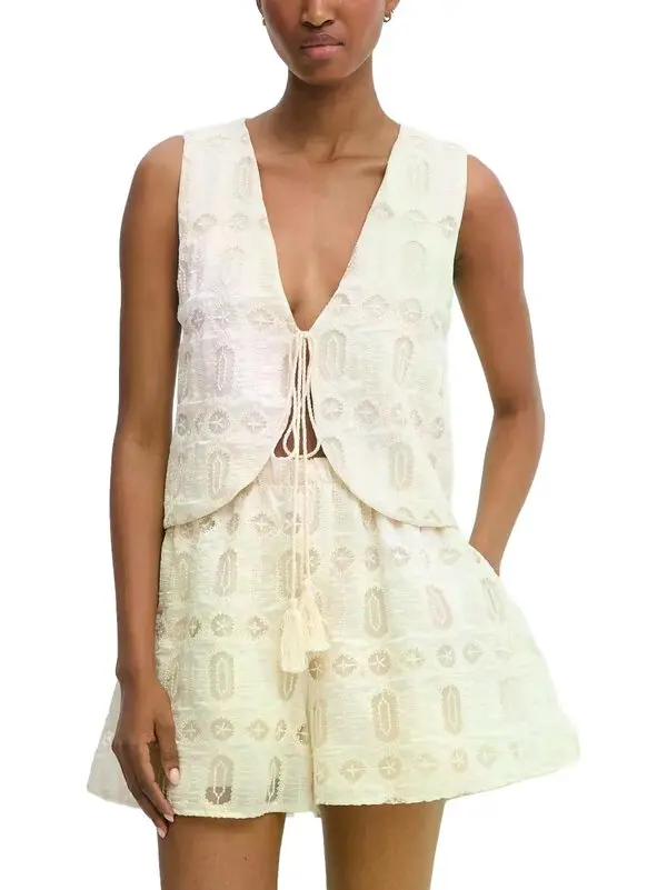 HAVEONE Embroidered Sleeveless Top With Tassel Detail - Neutrals