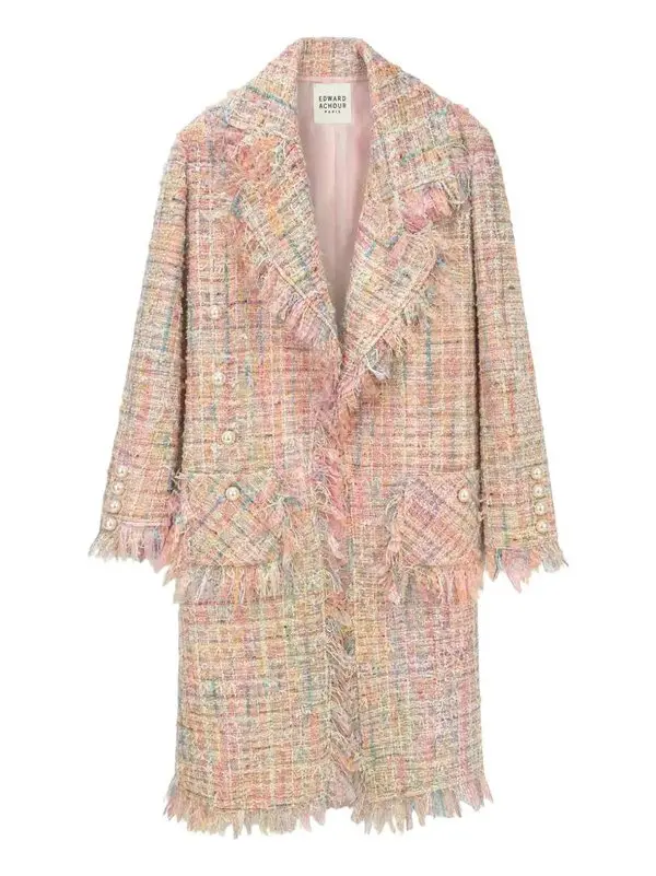 EDWARD ACHOUR PARIS Tweed Coat With Frayed Edges And Faux Pearl Buttons - Pink