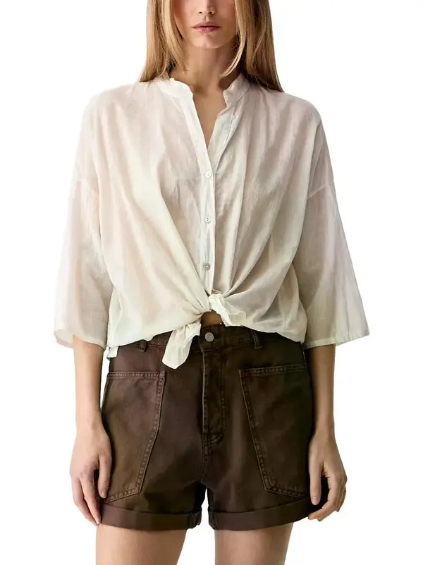 HAVEONE Band Collar Front Tie Shirt - Neutrals