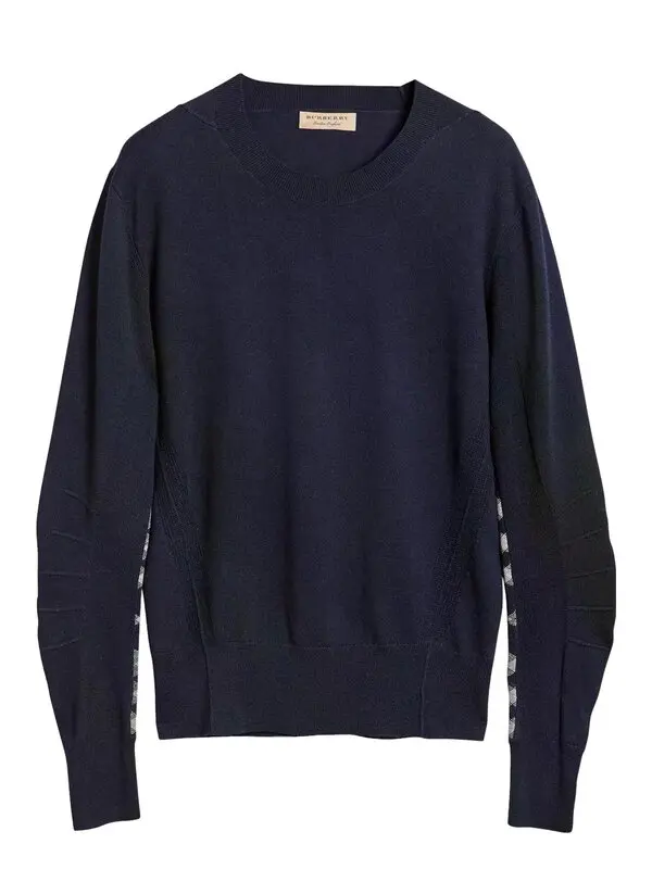 Burberry Merino Wool Check Detail Sweater - Blue