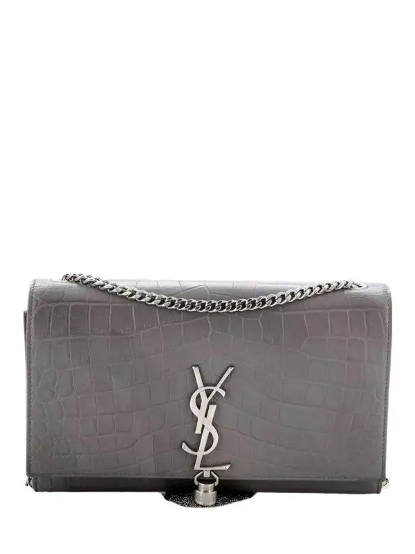 Saint Laurent Monogram Tassel Crocodile Embossed Leather Medium Crossbody Bag - Grey
