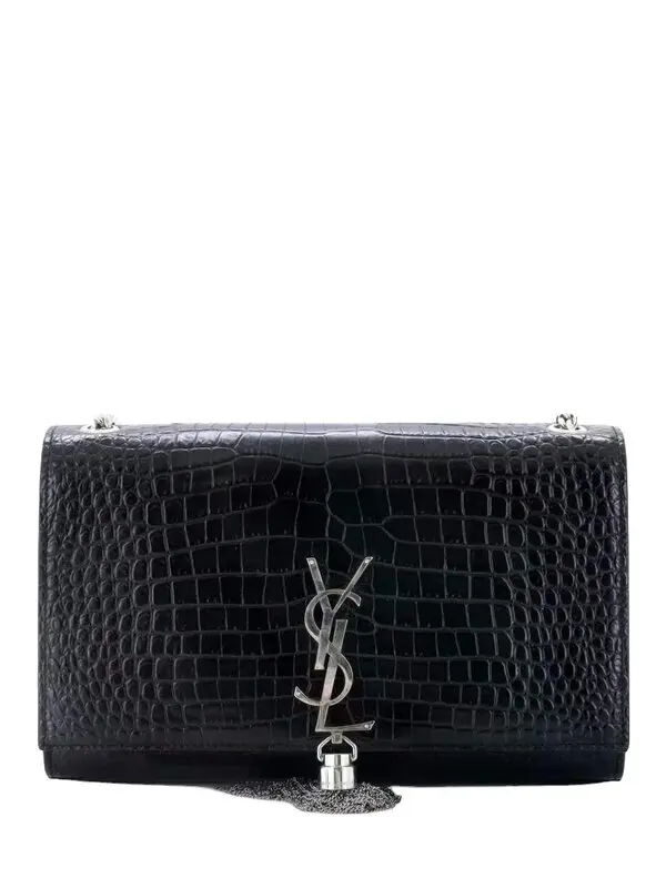 Saint Laurent Classic Monogram Tassel Crocodile Embossed Leather Medium Crossbody Bag - Black