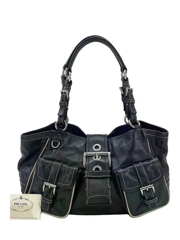 Prada 2000s Buckled Leather Tote Bag - Black