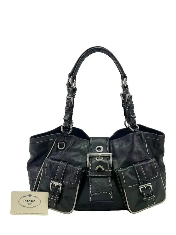 Prada 2000s Buckled Leather Tote Bag - Black
