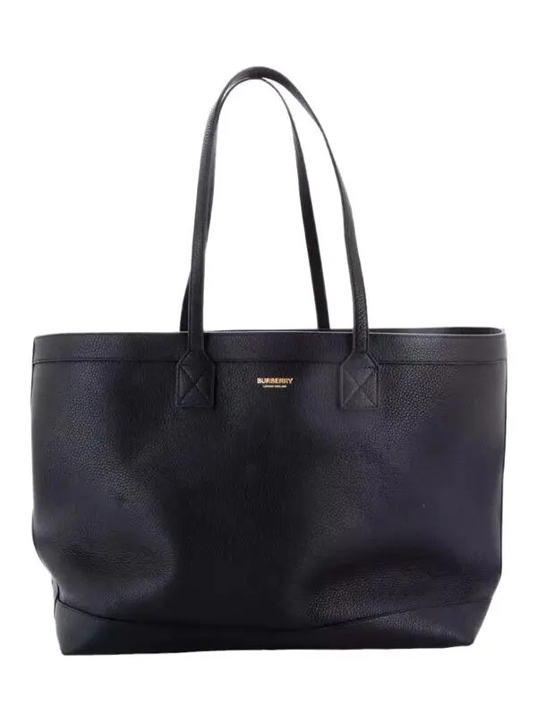 Burberry Leather Tote Bag With Check Canvas Interior - Black