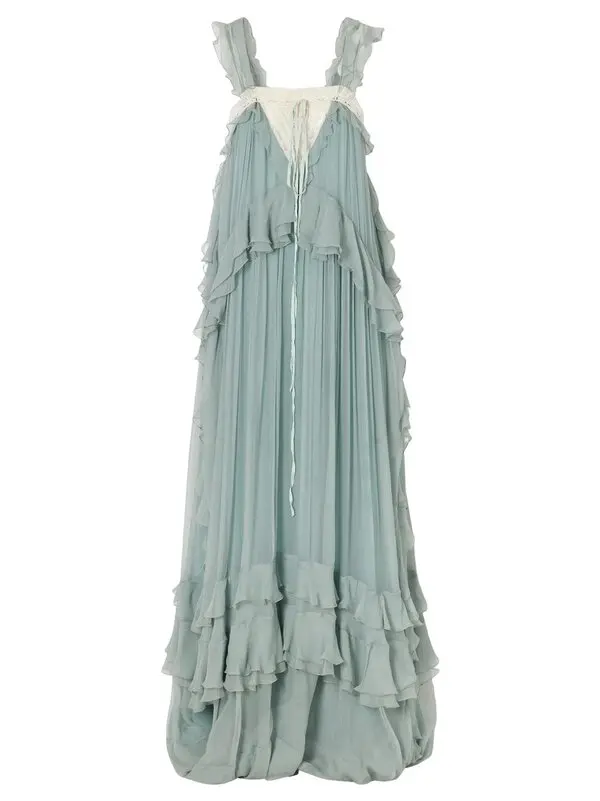 Chloé Ruffled Lace-trimmed Silk-crepon Gown - Green
