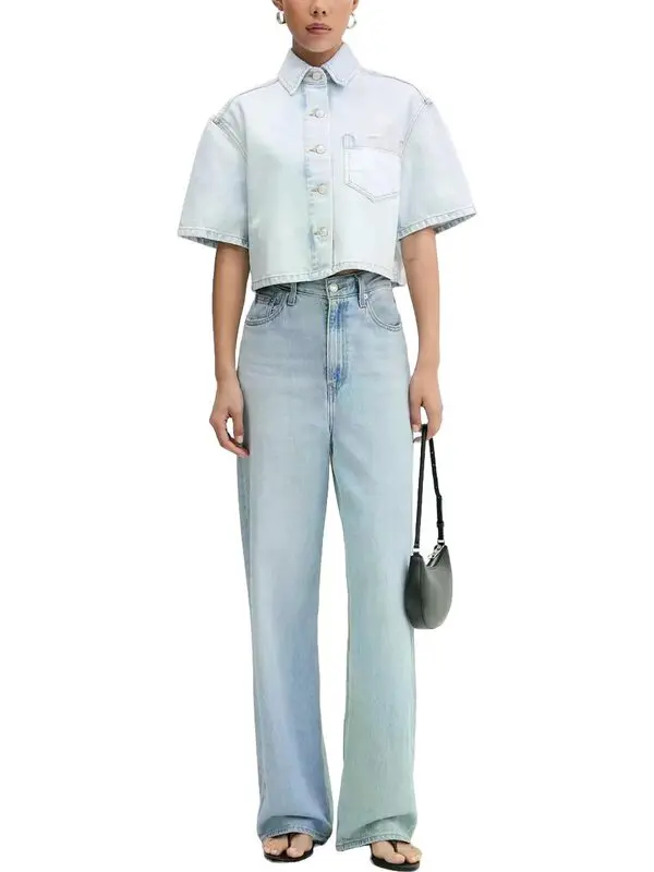 VICOLO Cropped Short-sleeve Denim Shirt - Blue