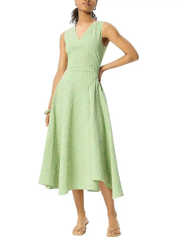 Whistles Asymmetric V Neck Dress - Green Multi