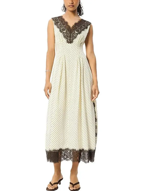 Whistles Lace Trim V Neck Polka Dot Midi Dress - Yellow Multi