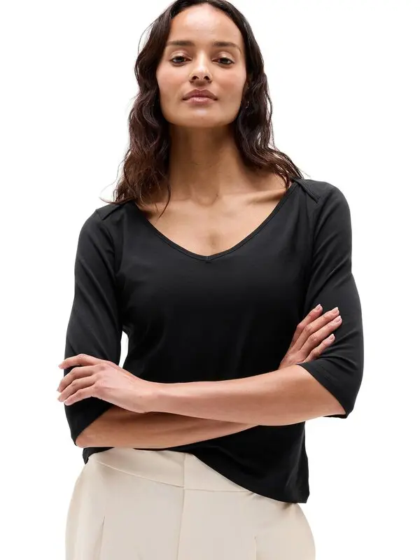 Athleta Midi Sleeve Tee With V-neck And Classic Fit - Black