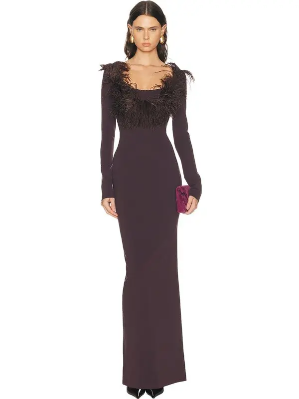 Attico Long Feather Gown - Dark Brown