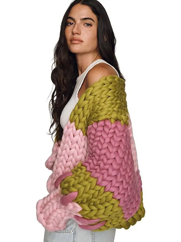 HOPE MACAULAY Noa Wool Chunky Knit Cardigan - Pink Pattern