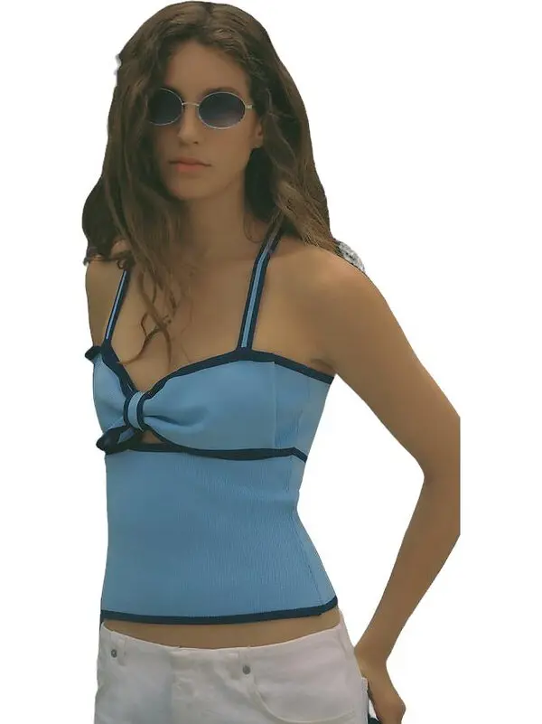 Maeve Knit Bow Tank Top - Pale Blue Pattern
