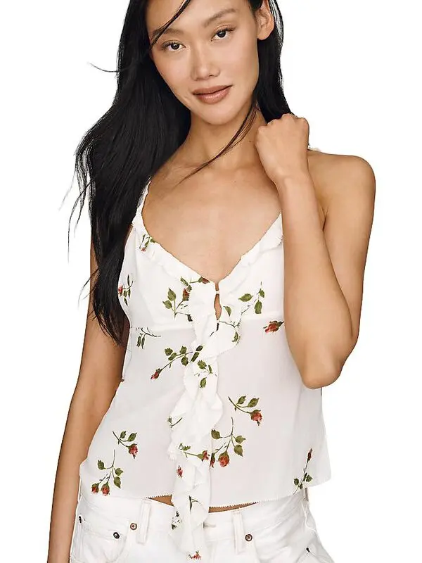 REFORMATION Cori Tank Top With V-neckline And Ruffle Detail - Floating Rose