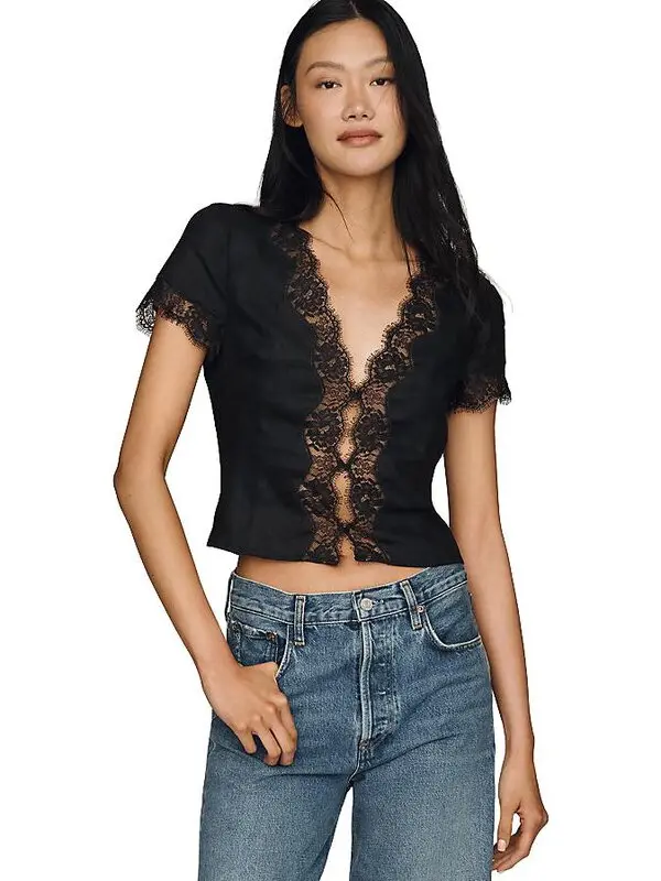 REFORMATION Brynn Linen Top With Lace Trim - Black