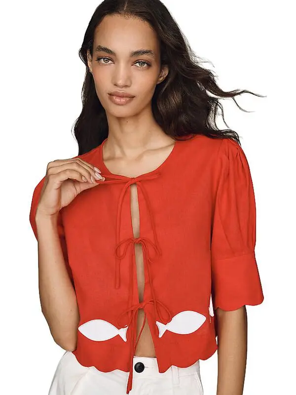 SISTER NEW YORK Scalloped Fish Tie-front Top - Red