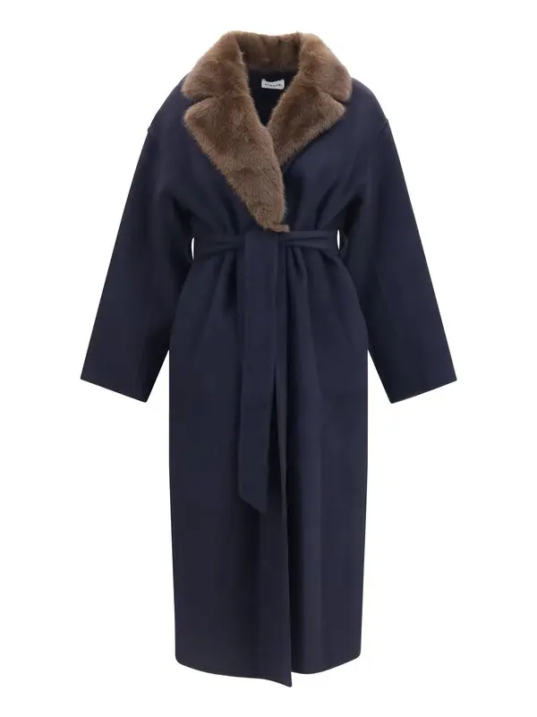 P.a.r.o.s.h Wool Coat With Fur Collar And Belt - Blue