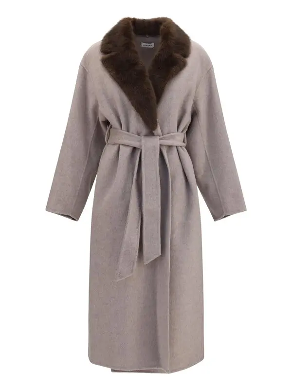 P.a.r.o.s.h Wool Coat With Fur Collar And Belt - Cream