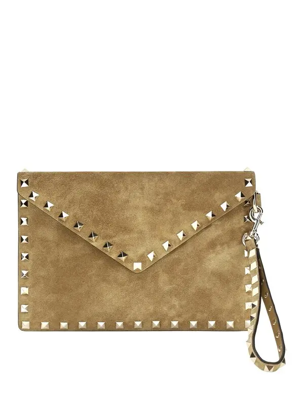 Valentino Garavani Medium Rockstud Suede Clutch - Cream
