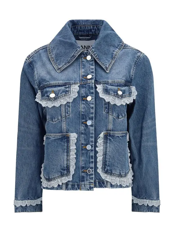 GANNI Rigid Denim Jacket With Lace Trim - Blue