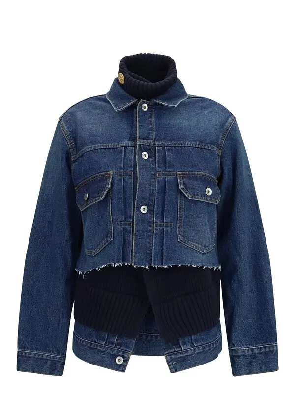 Sacai Denim Jacket With Wool Knit Layer - Blue