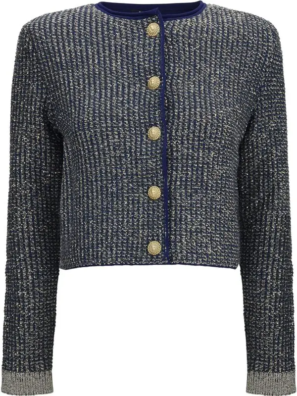 Balmain Quilted Sequin Cardigan With Decorative Buttons - Blue