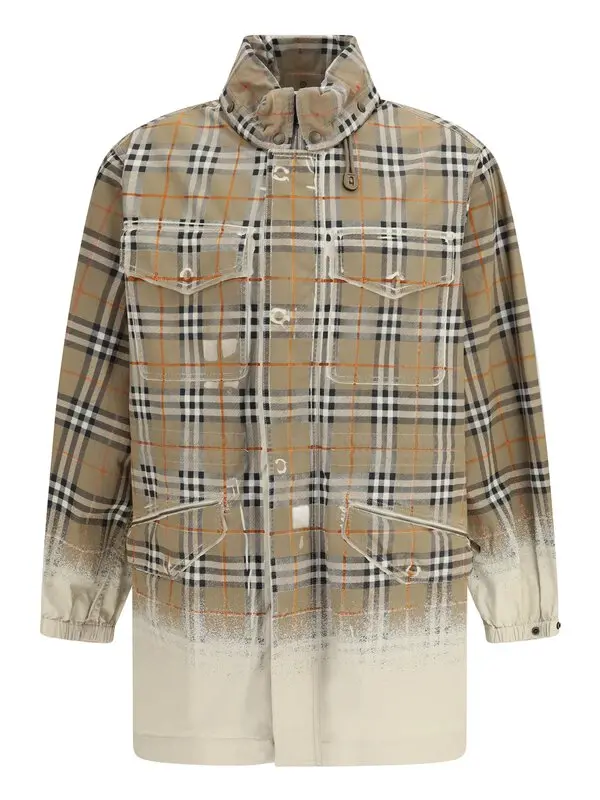 Burberry Gabardine Parka With Faded Check Print - Cream