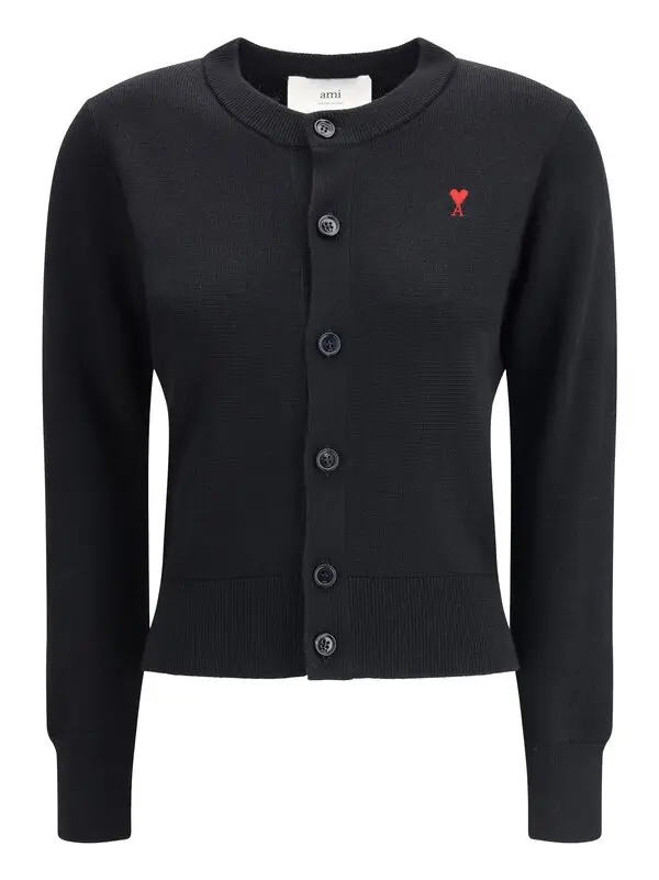 AMI Paris De Coeur Merino Wool Cardigan - Black