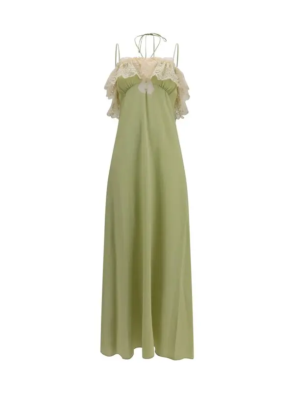 Chloé Silk Dress With Lace Ruffle Details - Green