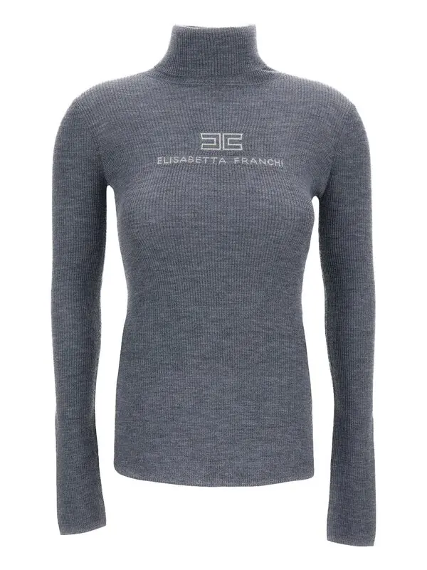 Elisabetta Franchi Ribbed Stretch Wool High-neck Sweater With Jacquard Logo - Grey