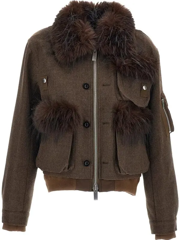 Sacai Melton Wool Jacket With Faux Fur Accents - Marrone