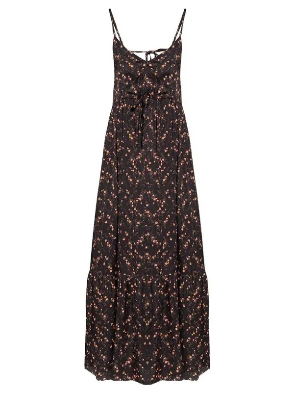 A.p.c. Floral Print Maxi Dress With Elasticated Belt And Lotus Leaf Hem - Black