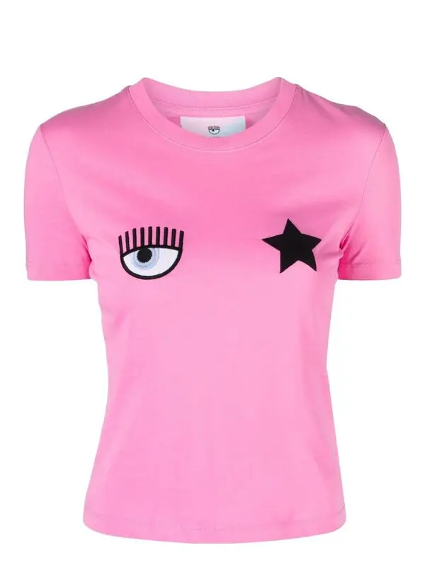 CHIARA FERRAGNI Crewneck T-shirt With Logo Embroidery - Pink
