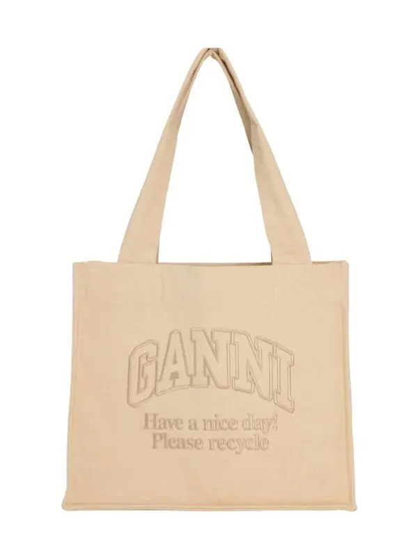 GANNI Logo Embroidered Open Top Tote Bag - Nude