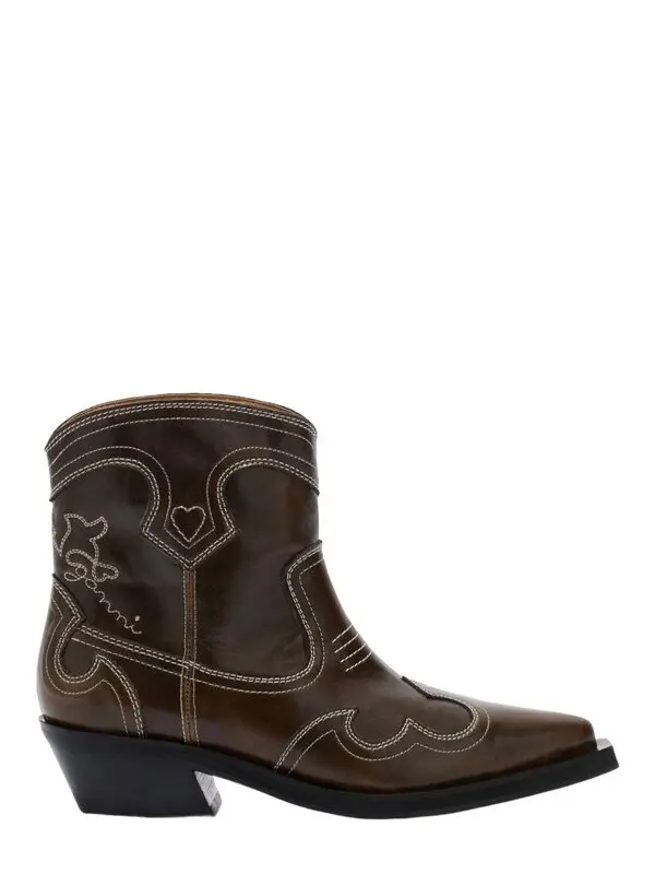 GANNI Low Shaft Embroidered Western Boots - Dark Olive