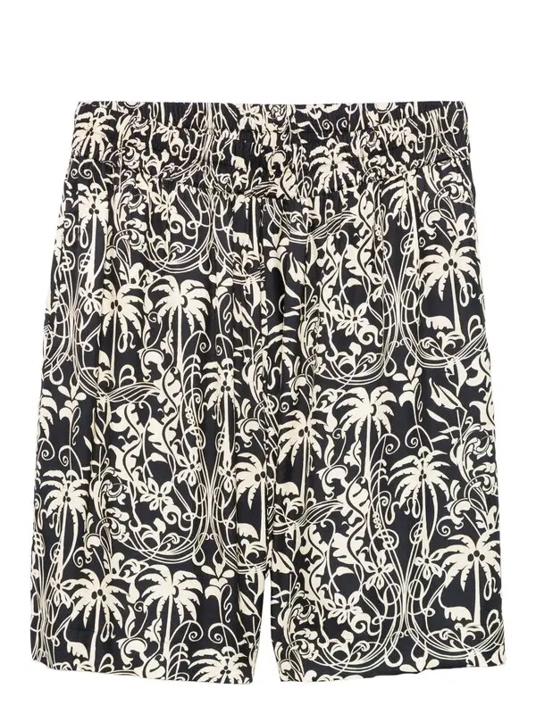 LANEUS Wide Leg Bermuda Shorts With Tropical Print - Black