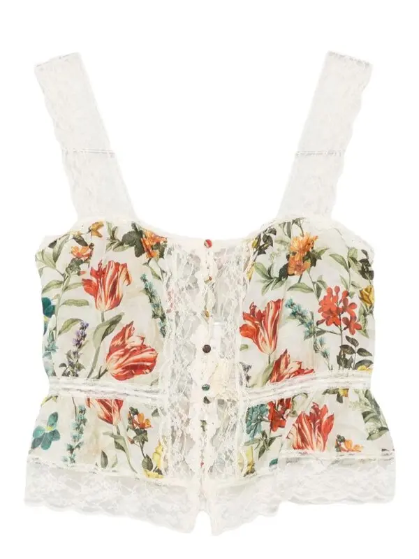 ALICEOLIVIA Alice + Olivia Floral Print Lace Trim Top - White