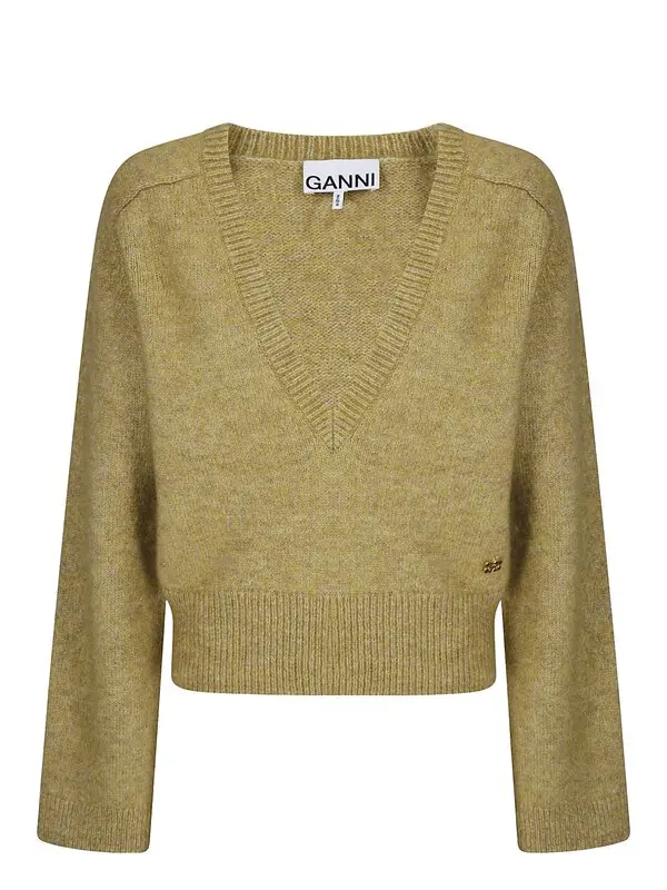 GANNI Mélange Deep V-neck Knitted Sweater - Green