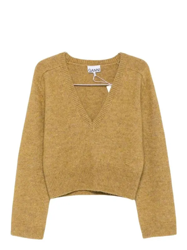 GANNI Mélange Deep V-neck Knitted Sweater - Nude
