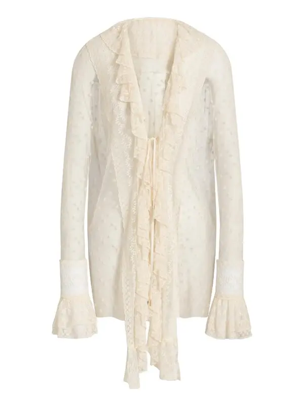 Alberta Ferretti Dotted Tulle Shirt With Lace Ruffles - Ivory