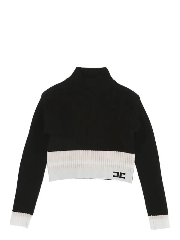 Elisabetta Franchi Long Sleeve Ribbed High Neck Top - Black