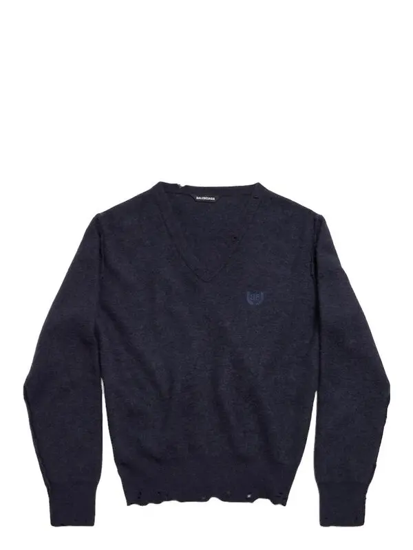 Balenciaga Laurel Classic V-neck Destroyed Sweater - Navy