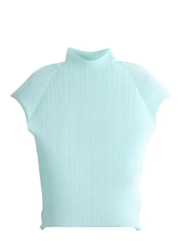 Issey Miyake Short-sleeved Mock Neck Top With Vertical Pleats - Blue