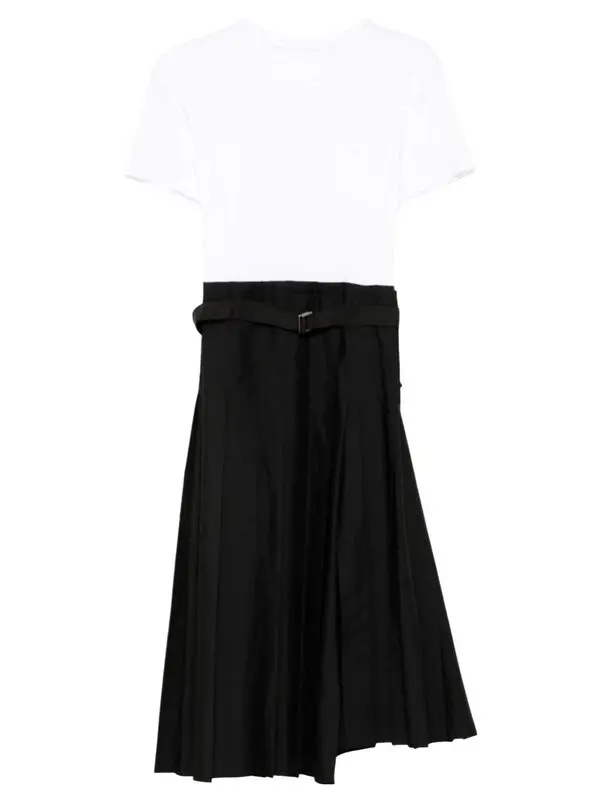 Sacai Pleated Midi Dress With Belted Waist - Black/white