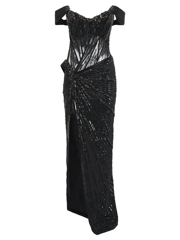 GAURAV GUPTA Off-the-shoulder Gown With Crystal Embroidery And Sculptural Drape - Black