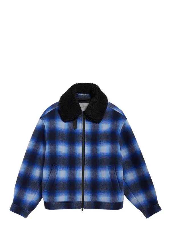 Balenciaga Wool Checked Jacket With Detachable Faux Shearling Collar - Blue