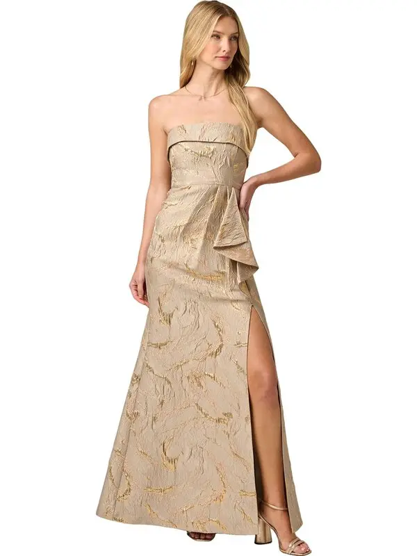 Adrianna Papell Strapless Metallic Jacquard Gown - Mink